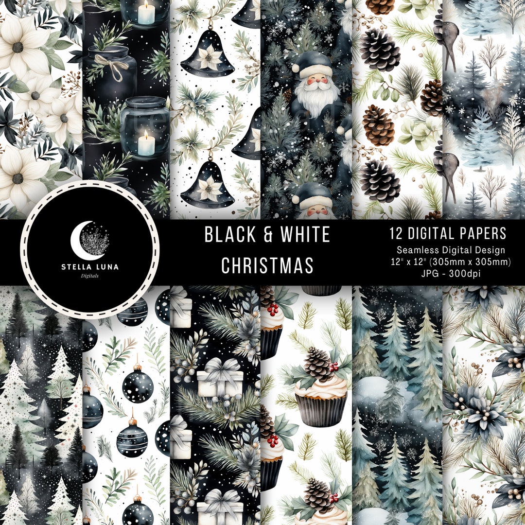 Black & White Christmas Digital Paper, Seamless Pattern, Watercolor ...
