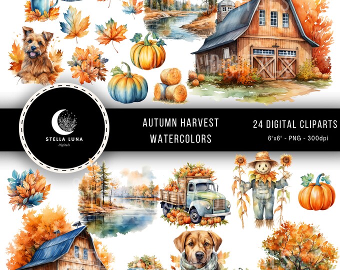 Watercolor Autumn Fall Harvest Clip Art Clipart, Pumpkins, Trees ...