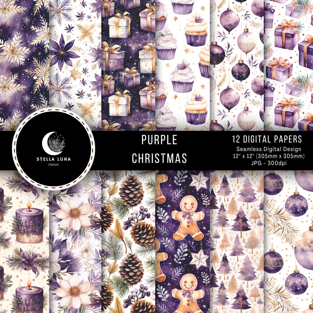 Purple Christmas Digital Paper, Seamless Pattern, Watercolors, Xmas ...