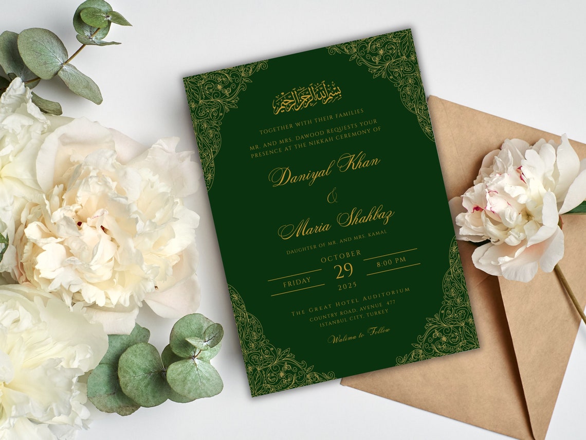 Nikkah Invitation Template, Royal Green and Gold Nikah Invite ...