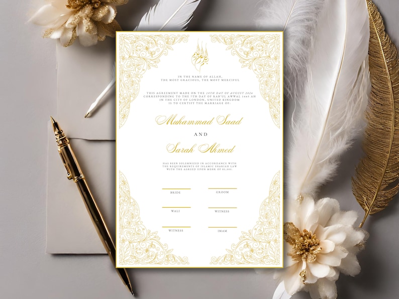Gold Nikkah Contract Template, Editable Nikkah Certificate A3, A4 ...