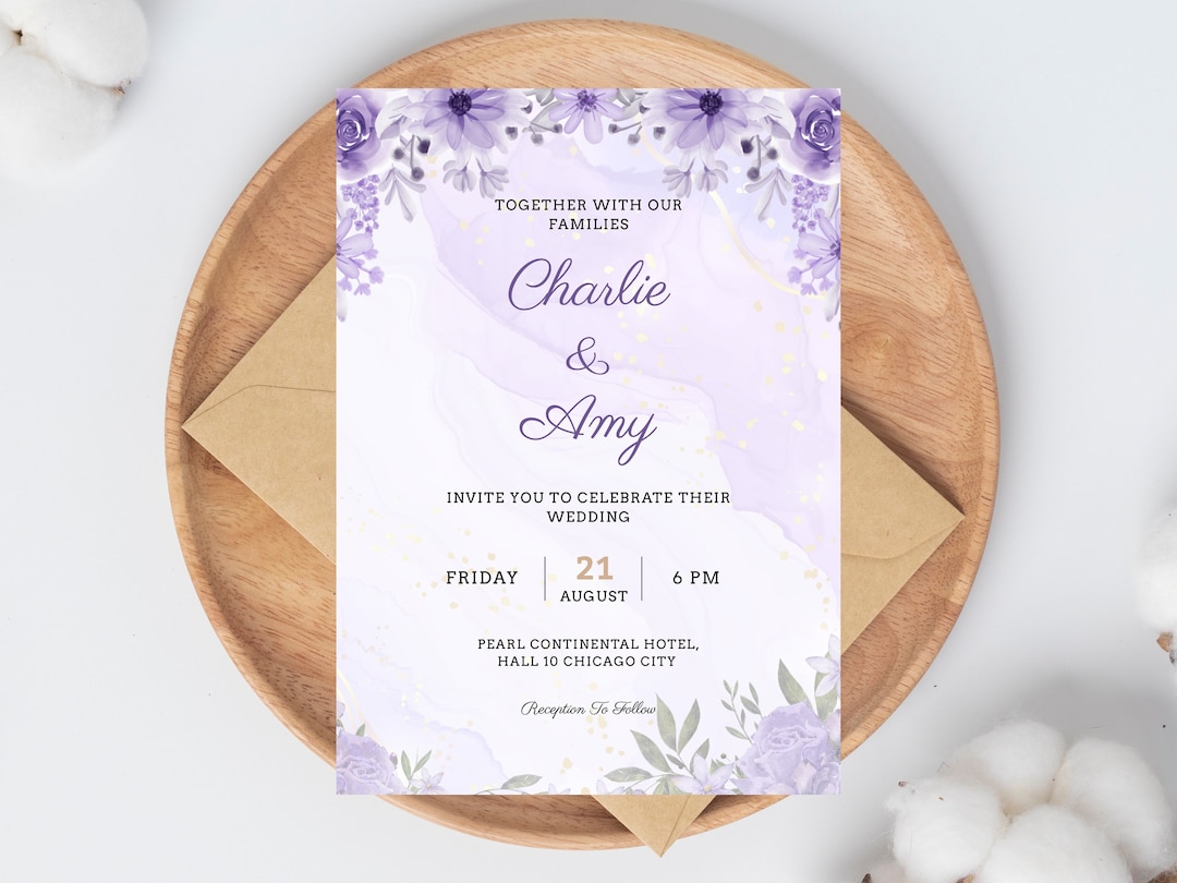 Lilac Wedding Invitation Template, Boho Purple Lavender Wedding ...