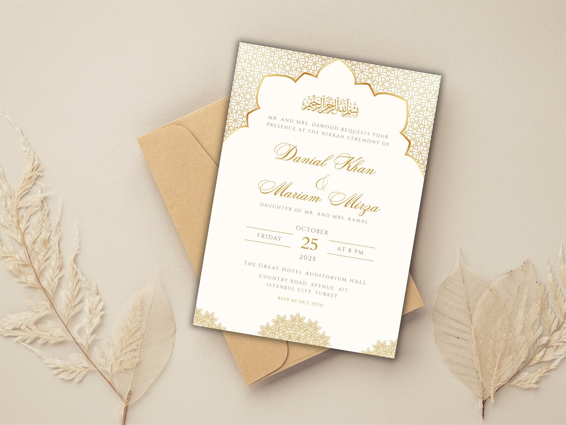 White and Gold Nikkah Invitation Card, Digital Muslim Wedding Invite ...