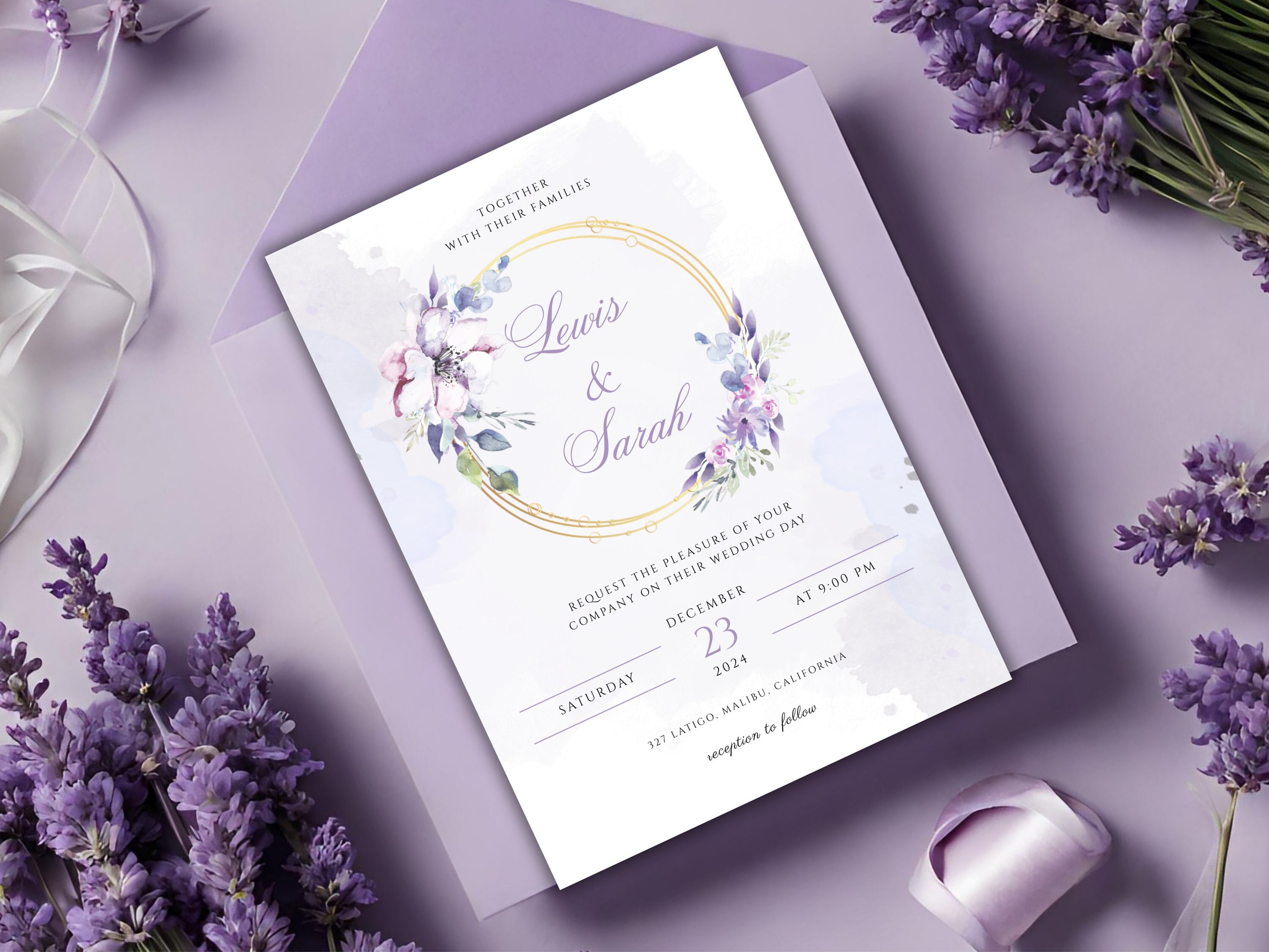 Lavender Wedding Invitation, Purple Lilac Wedding Invite Template, Boho ...