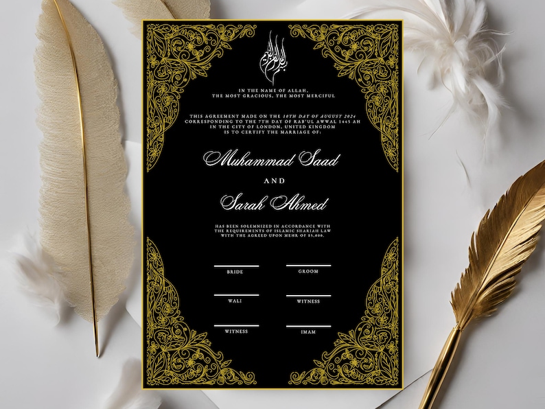 Nikkah Certificate Digital Download Template, Editable Gold and Black ...