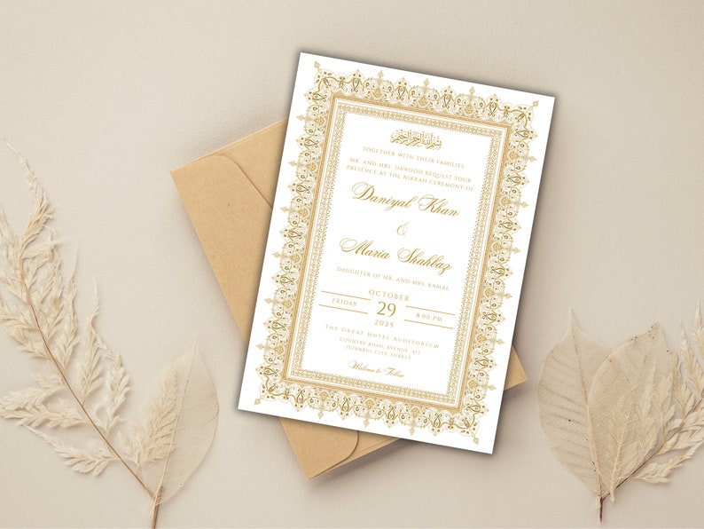 Nikkah Invitation White and Gold, Digital Muslim Wedding Invite ...
