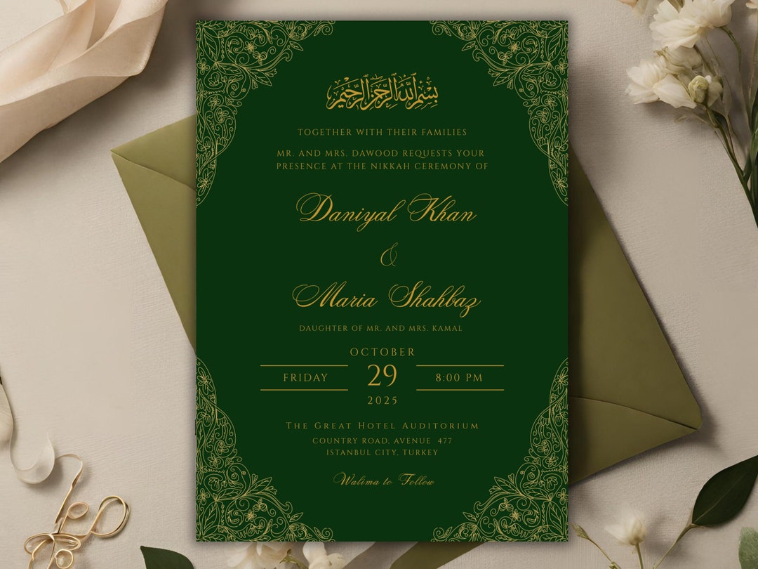 Nikkah Invitation Template, Royal Green and Gold Nikah Invite ...