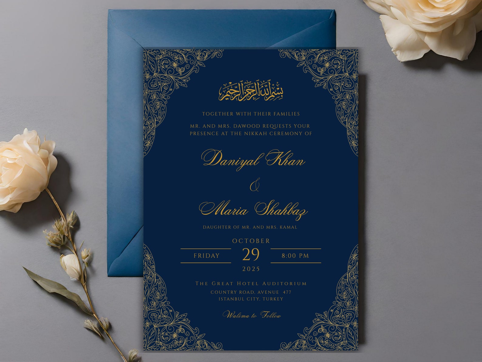 Digital Nikkah Invitation Template, Royal Blue Islamic Wedding Invite ...