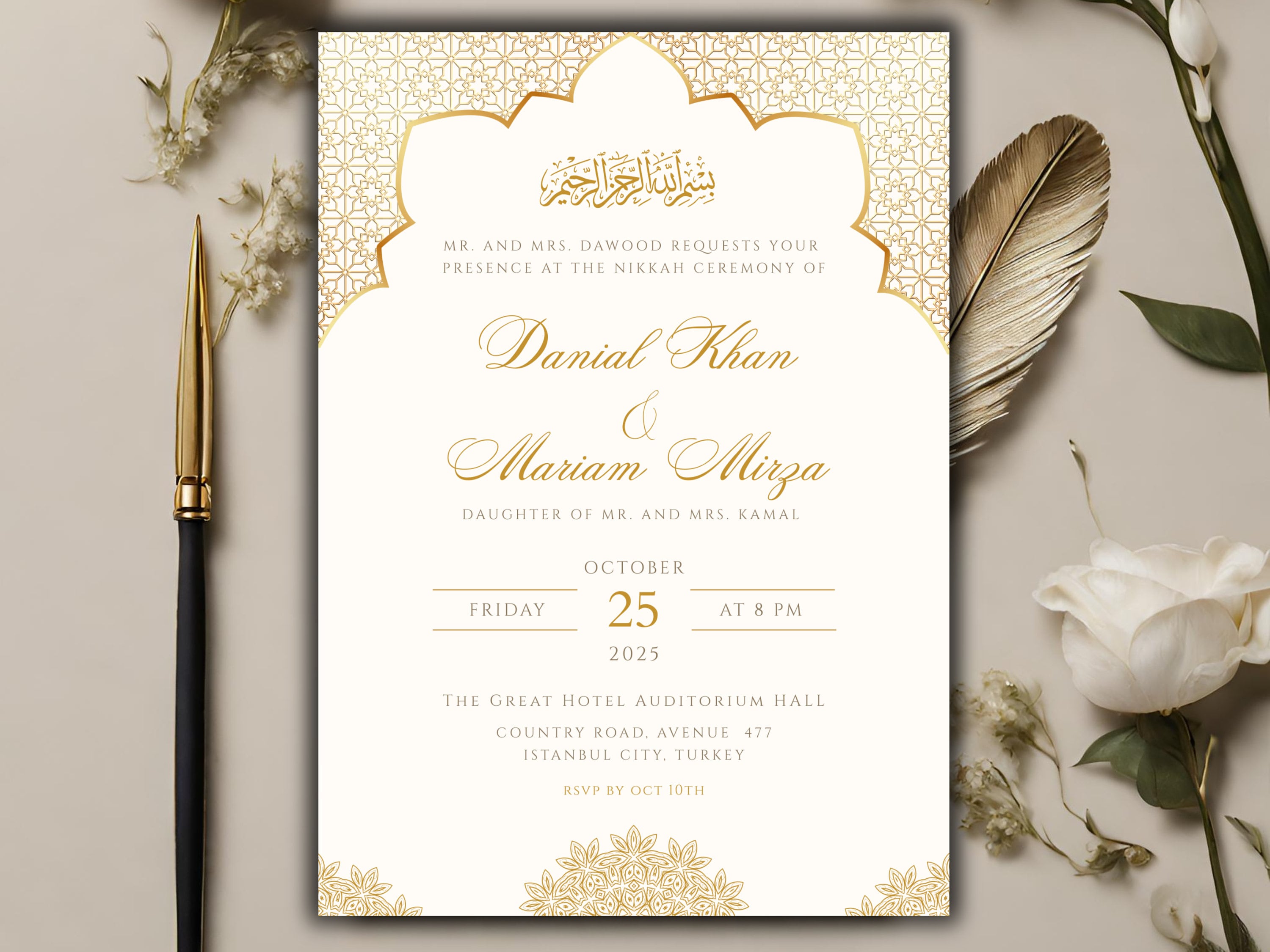 White and Gold Nikkah Invitation Card, Digital Muslim Wedding Invite ...