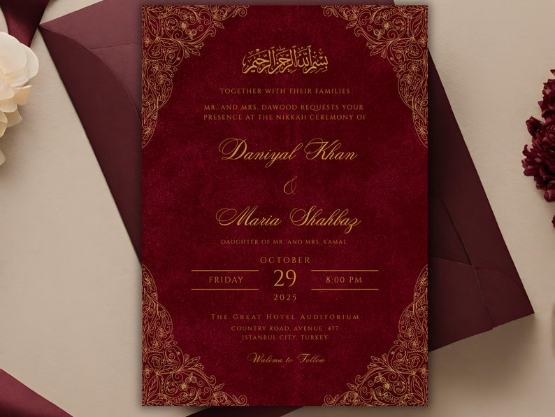 Digital Nikkah Invitation Template, Royal Red Velvet Nikah Invite ...