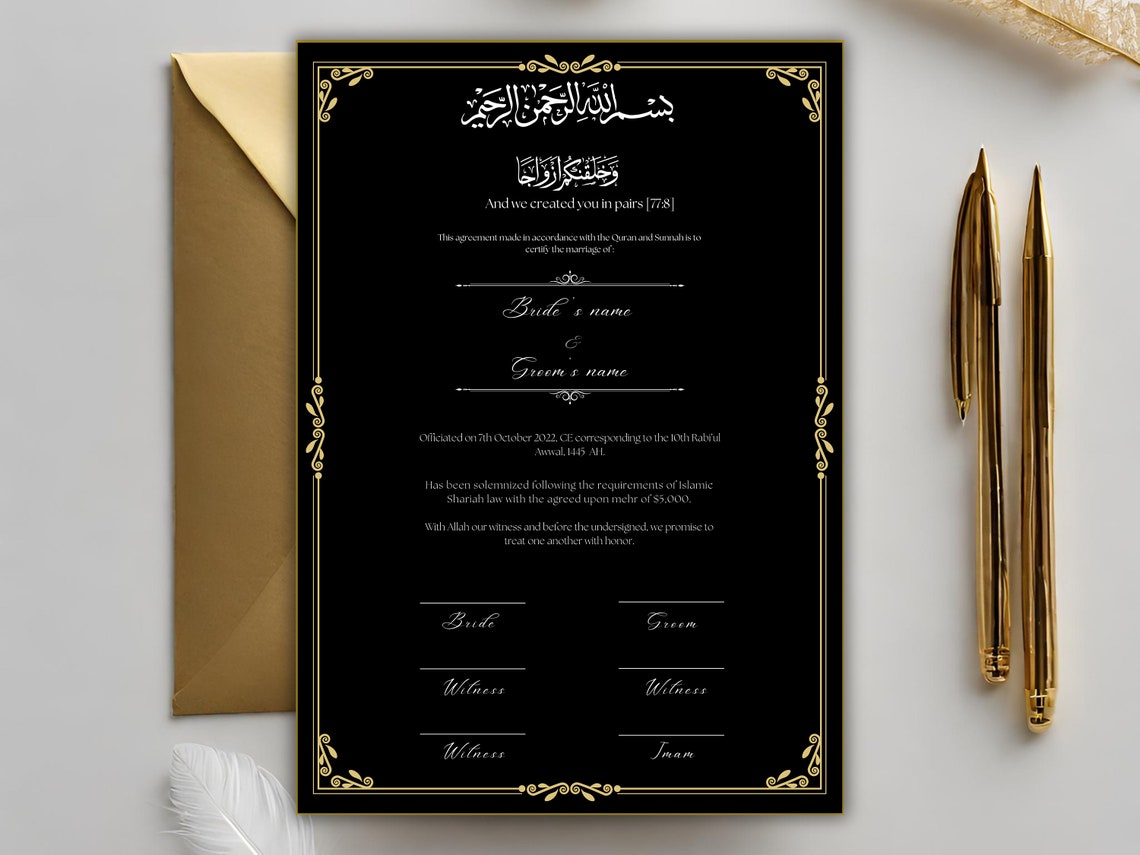 Nikkah Certificate Template Digital Download, Islamic Marriage Contact ...
