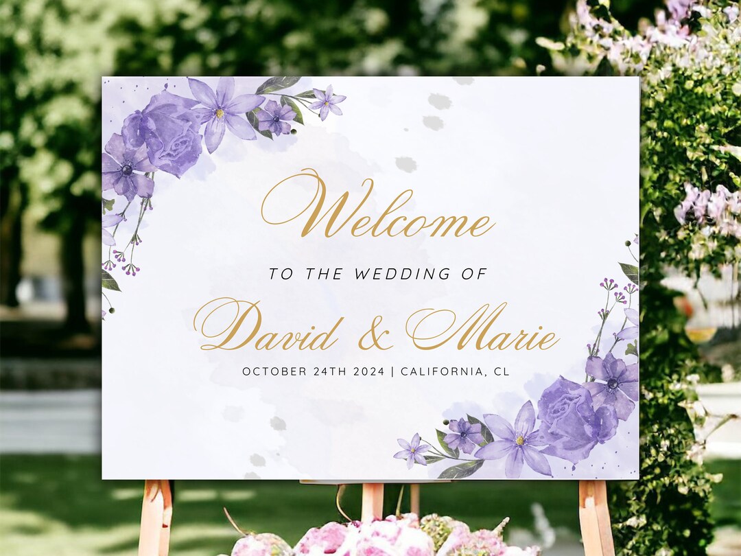 Lavender Wedding Welcome Sign Template, Purple and Gold Floral Wedding ...