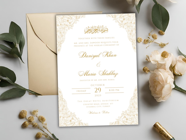 White and Gold Nikkah Invitation Template, Digital Islamic Wedding ...