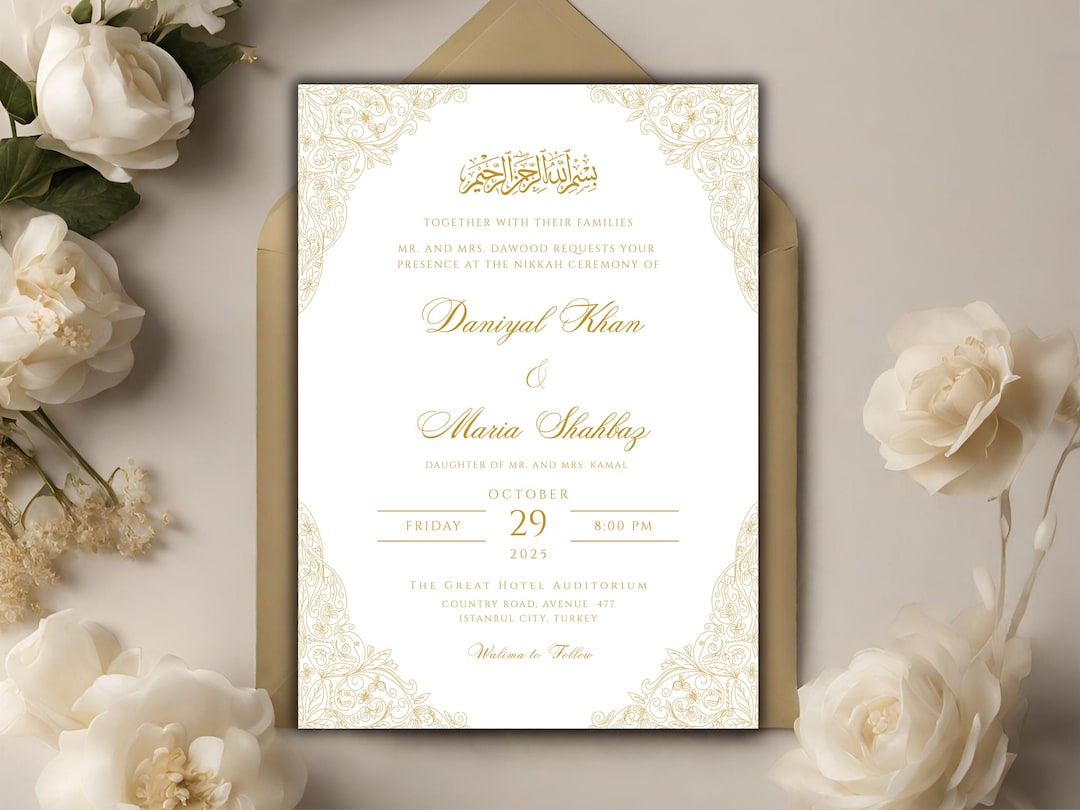 White and Gold Nikkah Invitation Template, Digital Islamic Wedding ...