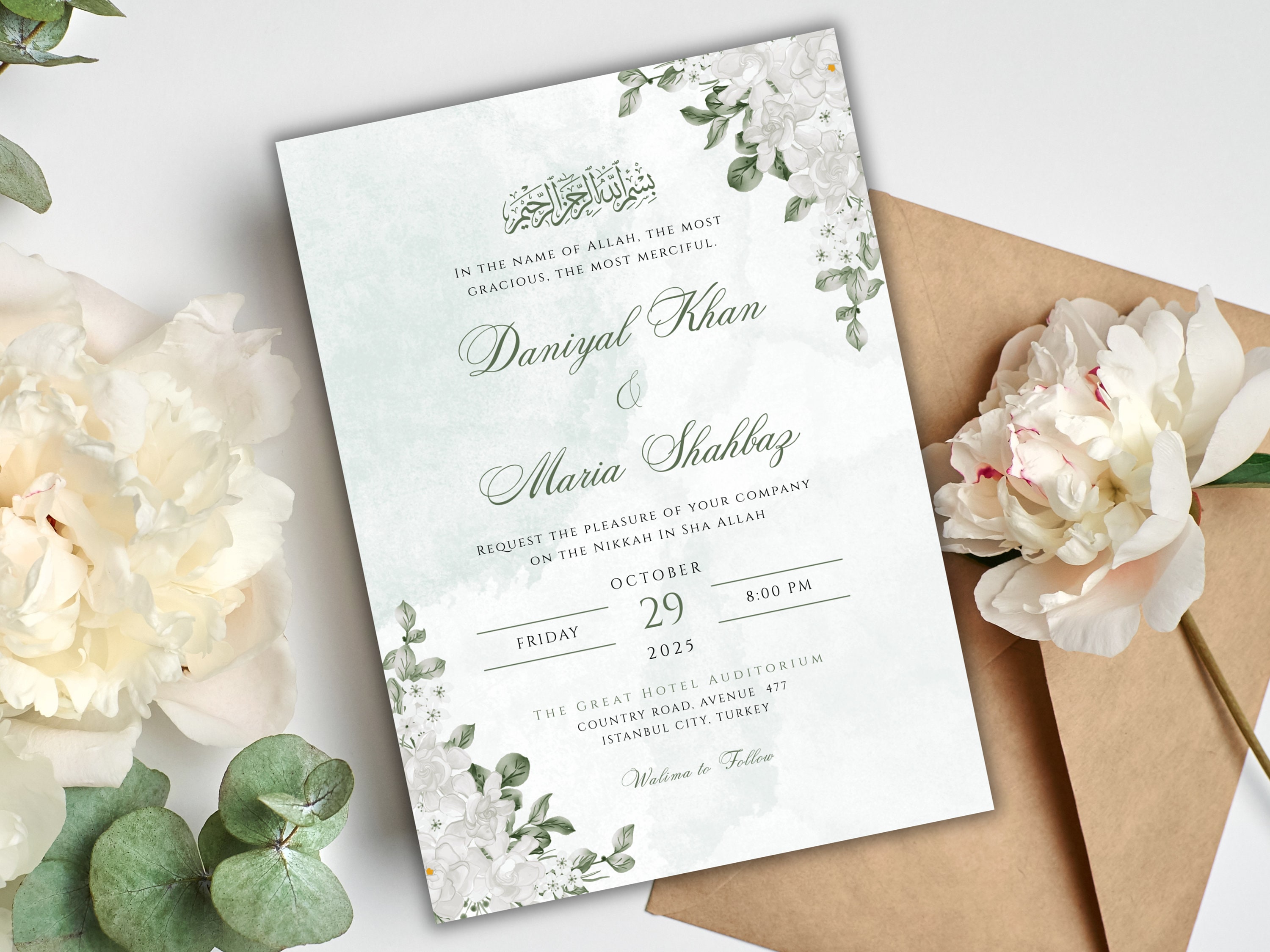 White Floral Nikkah Invitation Template, Islamic Wedding Invitation ...