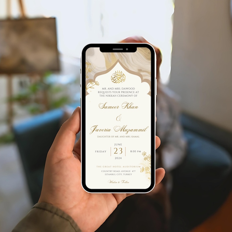 Luxury Nikkah Invitation, Digital Muslim Wedding Invitation Template, Beige Floral Nikkah Invite ...