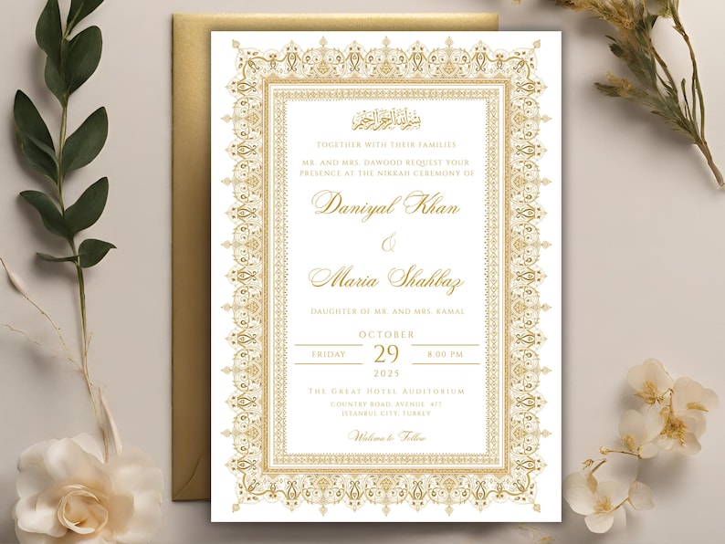 Nikkah Invitation White and Gold, Digital Muslim Wedding Invite ...