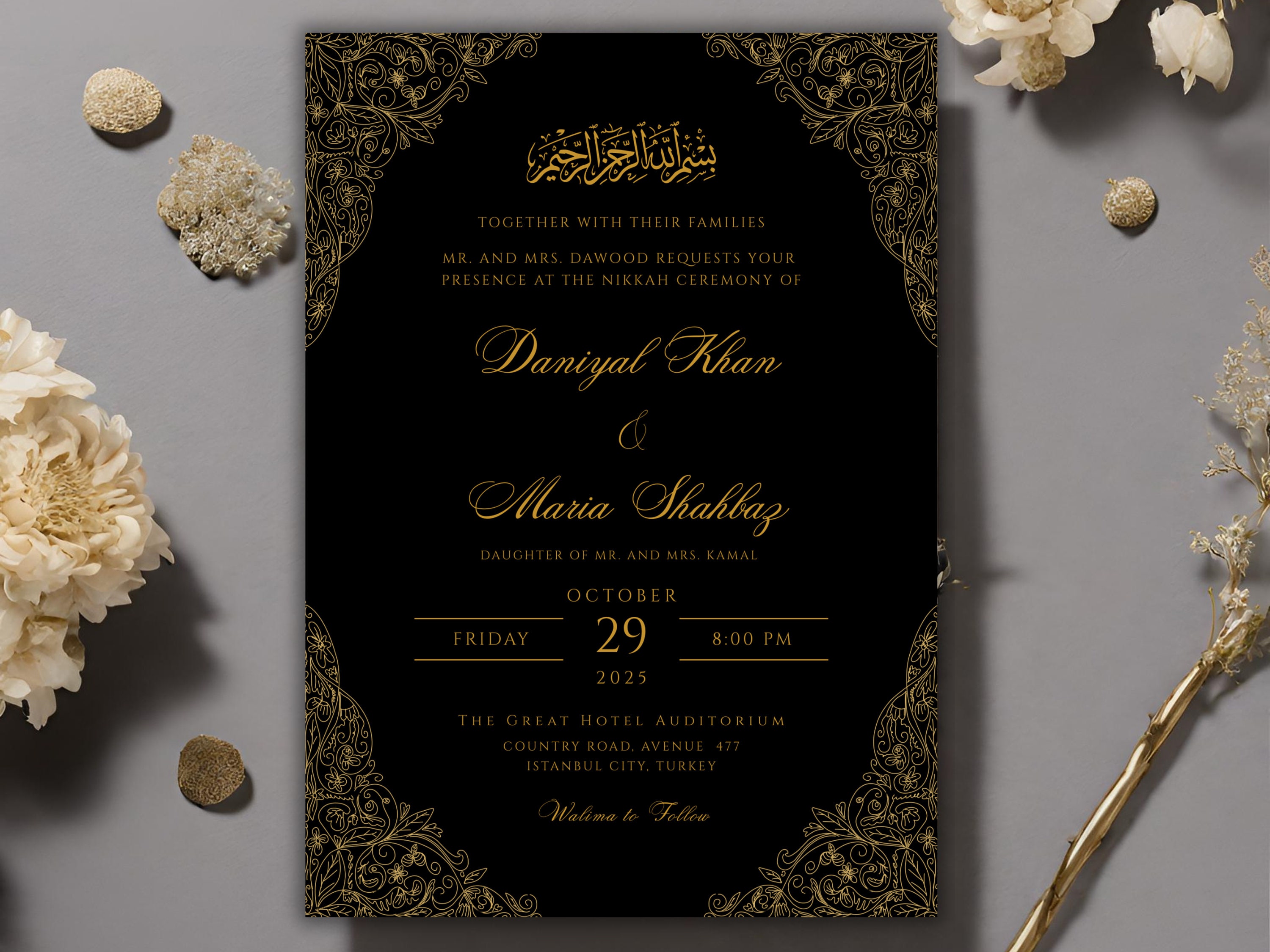 Nikkah Invitation Template, Royal Black and Gold Nikah Invite, Digital ...