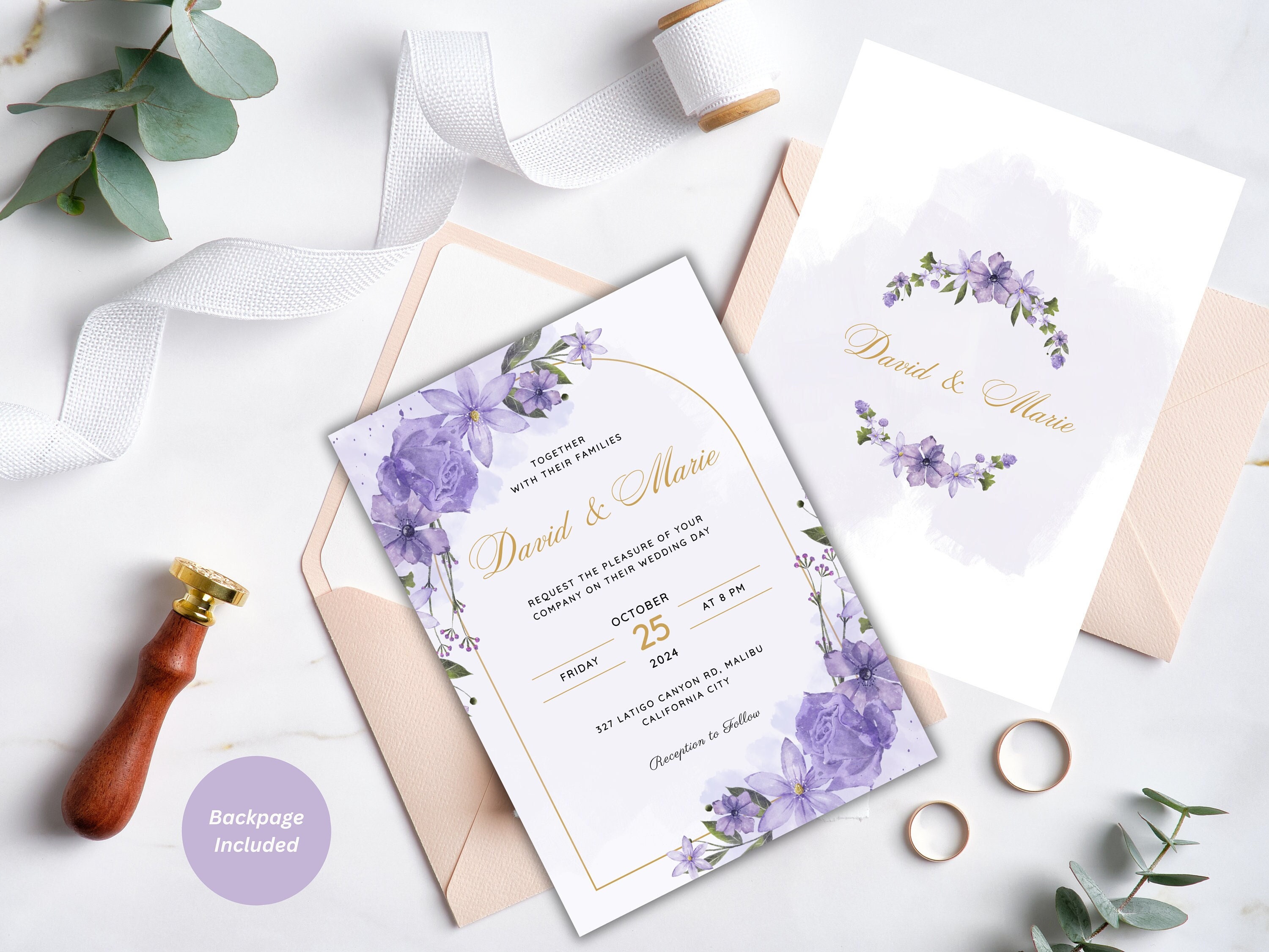 Lavender Wedding Invitation Template, Purple and Gold Wedding Invite ...