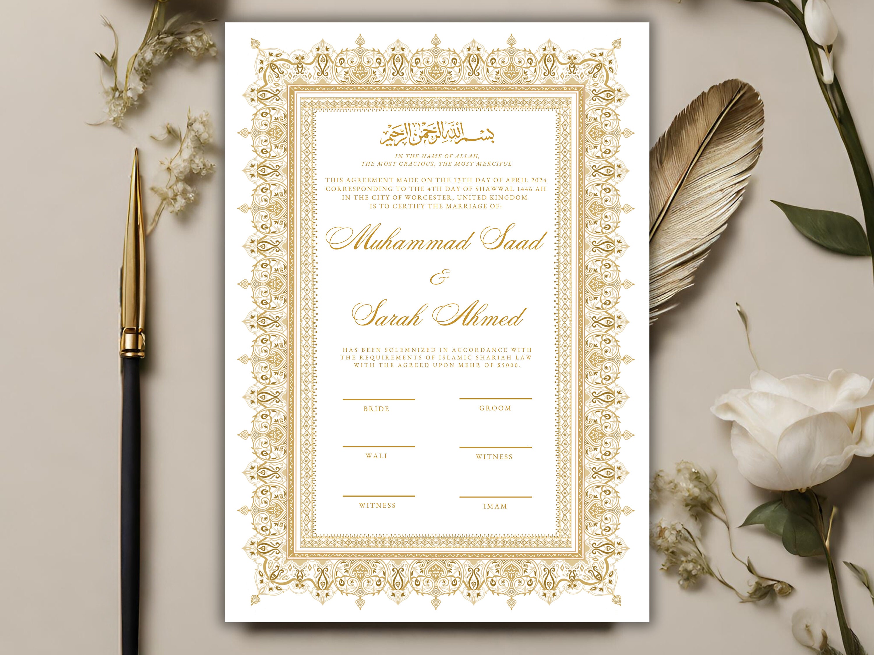 Gold Nikkah Contract Template, Editable Nikkah Certificate A3, A4 ...