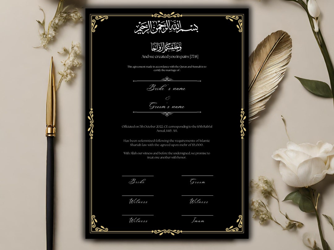 Nikkah Certificate Template Digital Download, Islamic Marriage Contact ...