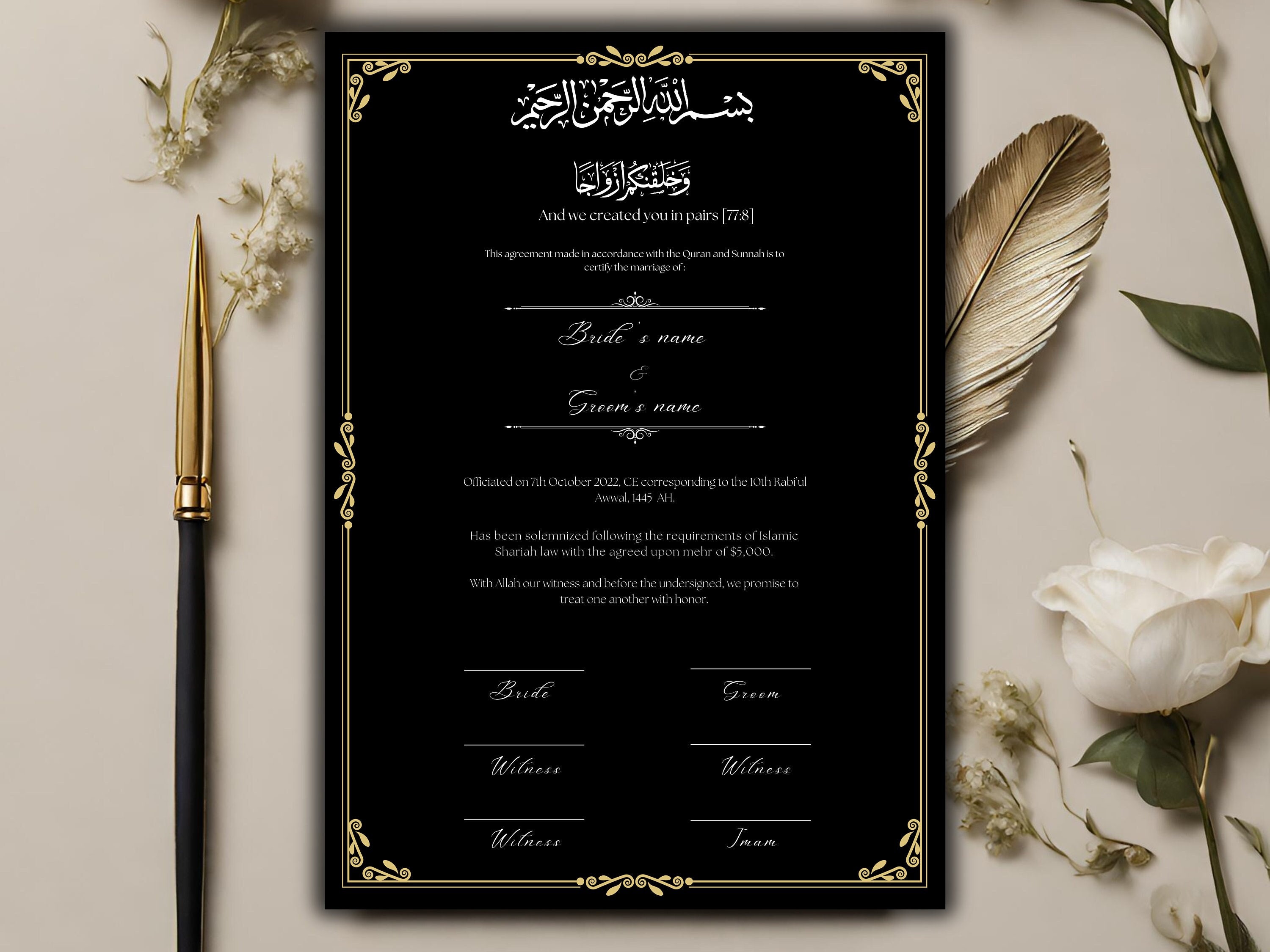 Nikkah Certificate Template Digital Download, Islamic Marriage Contact ...