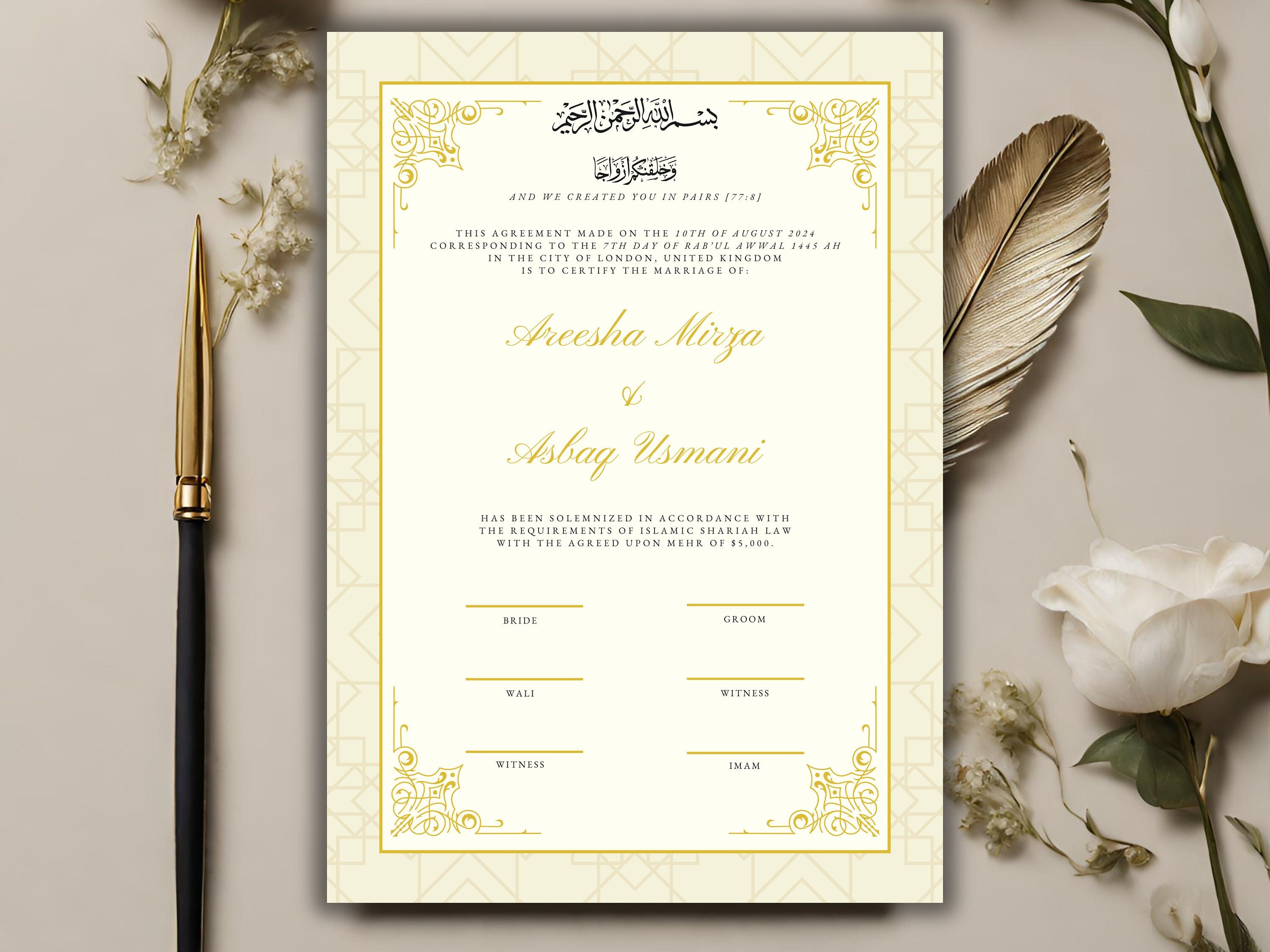 Premium Gold Nikkah Certificate Digital Download, Personalised Nikkah ...
