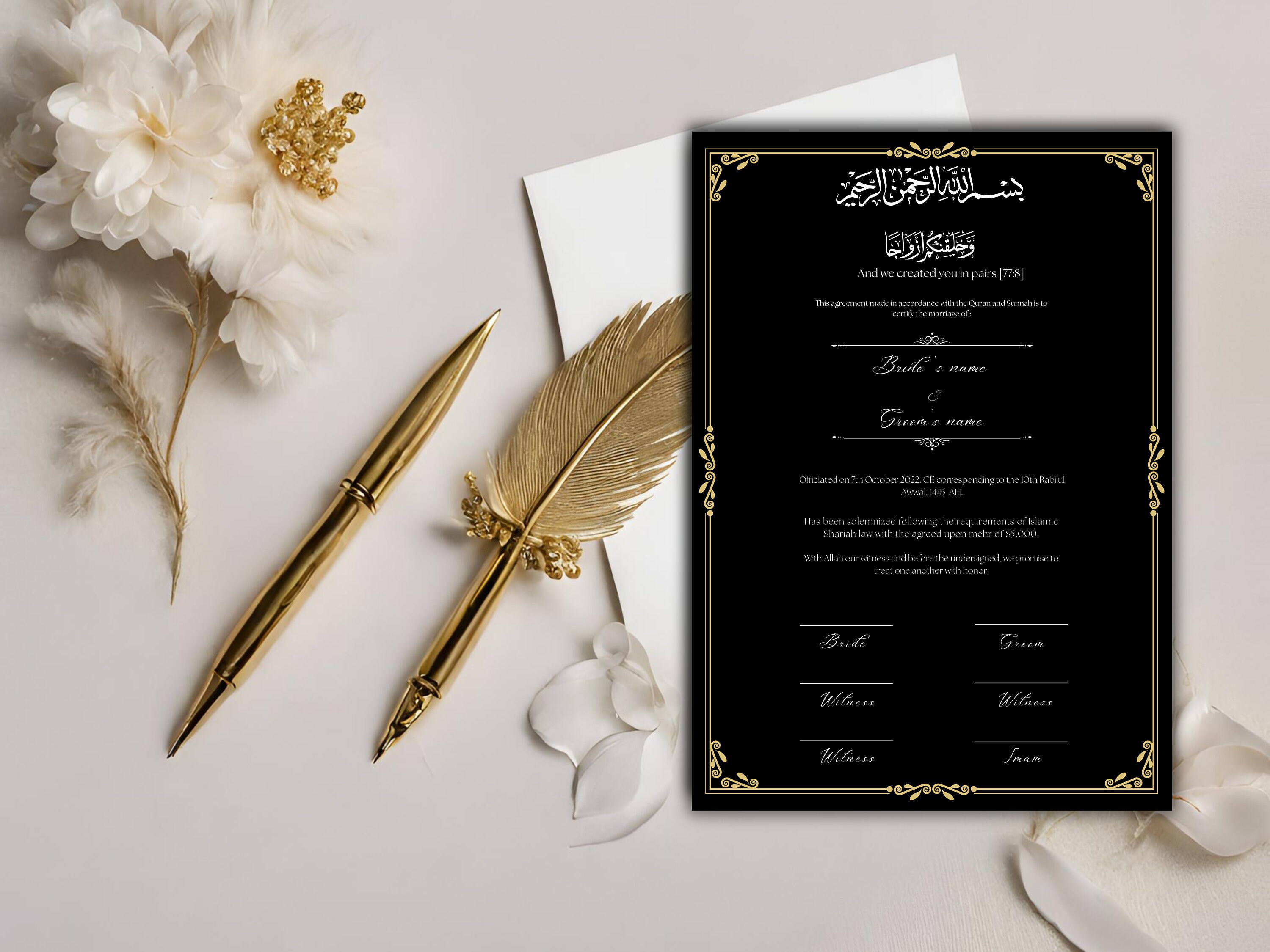 Nikkah Certificate Template Digital Download, Islamic Marriage Contact ...
