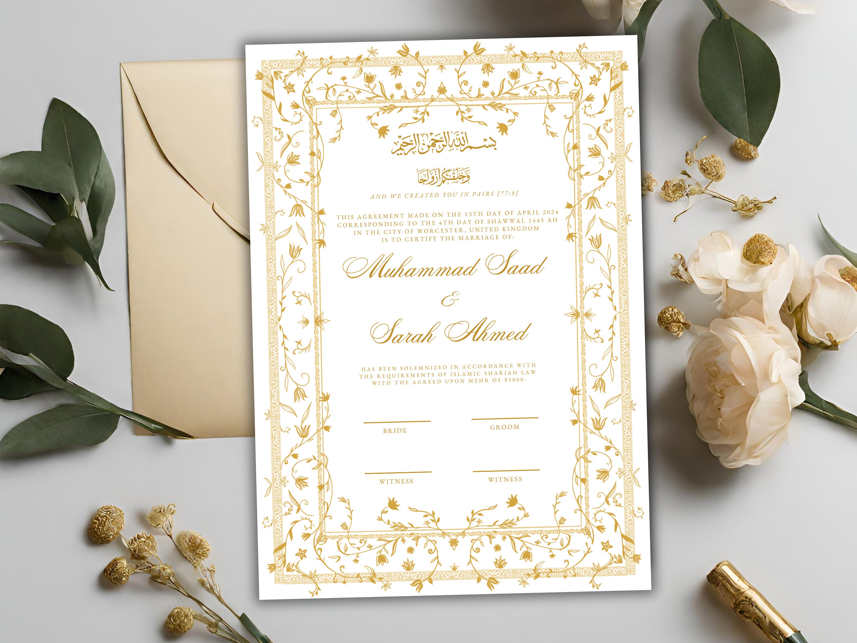 Gold Nikkah Contract Template, Floral Nikkah Certificate, Personalized ...