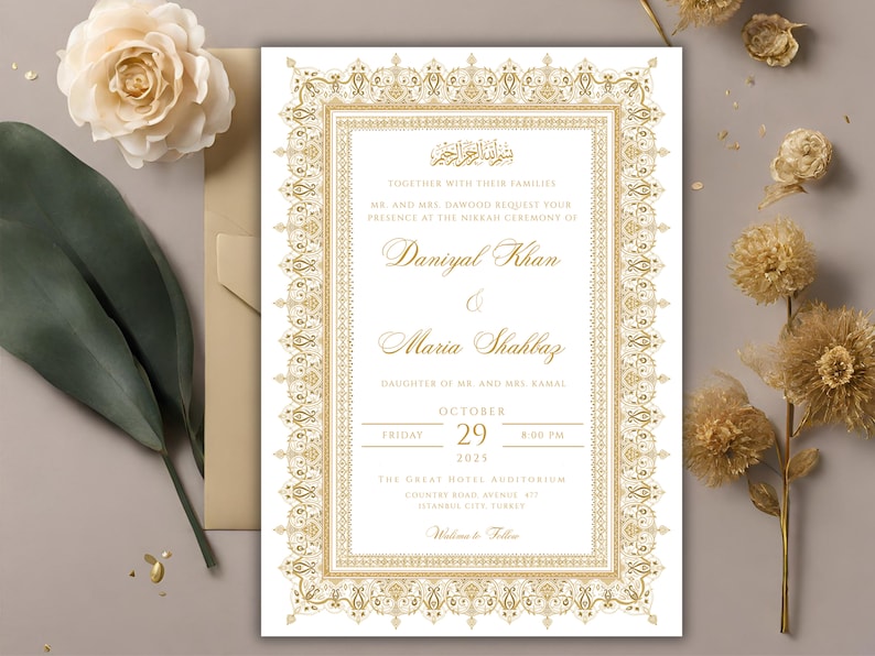 Nikkah Invitation White and Gold, Digital Muslim Wedding Invite ...