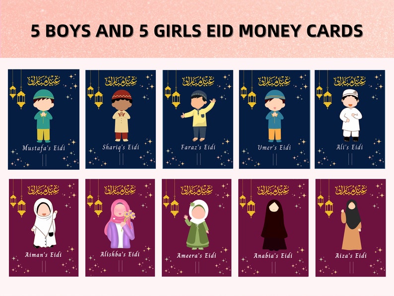 Eid Money Card, 10 Faceless Designs, Editable Eid Money Card Bundle ...