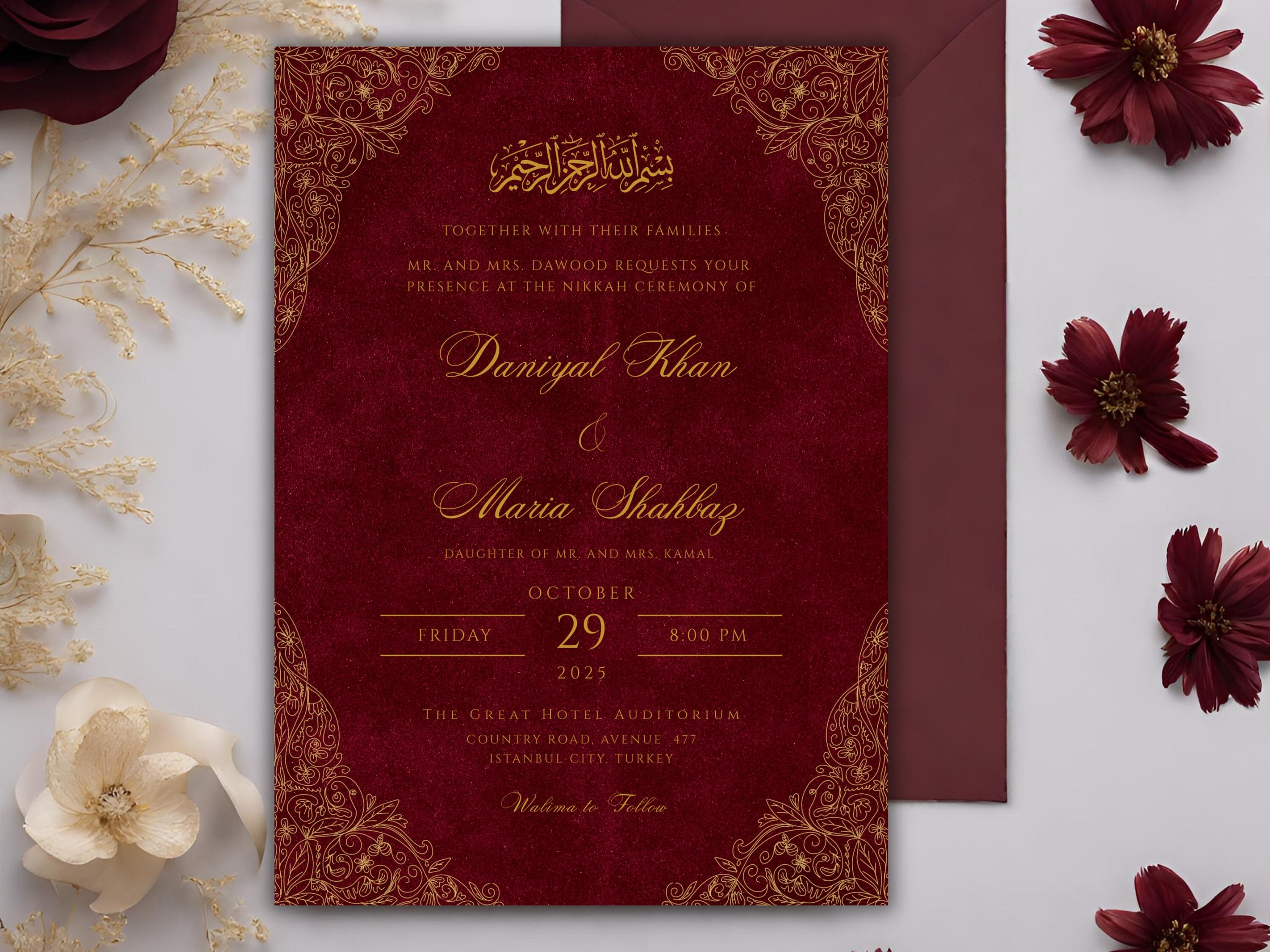 Digital Nikkah Invitation Template, Royal Red Velvet Nikah Invite ...
