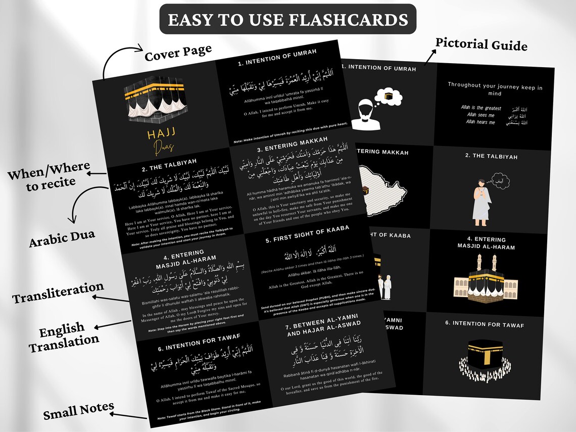 Hajj Dua Cards, Black Hajj Duas Printable Cards, Hajj Dua Flashcards ...