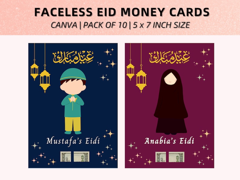 Eid Money Card, 10 Faceless Designs, Editable Eid Money Card Bundle ...