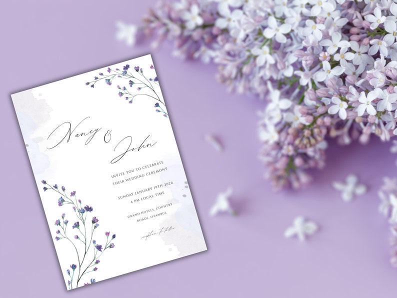 Lavender Wedding Invitation Template Purple Lilac Minimalist - Etsy