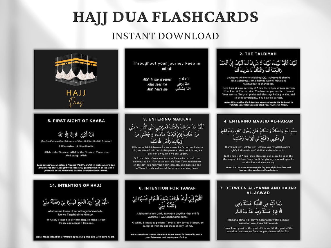 Hajj Dua Cards, Black Hajj Duas Printable Cards, Hajj Dua Flashcards, Hajj Duas PDF, Islamic ...