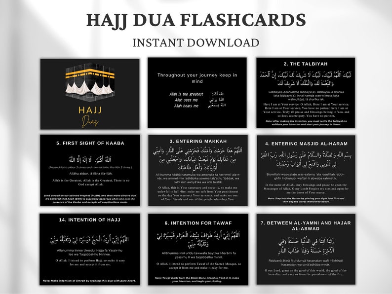Hajj Dua Cards, Black Hajj Duas Printable Cards, Hajj Dua Flashcards ...