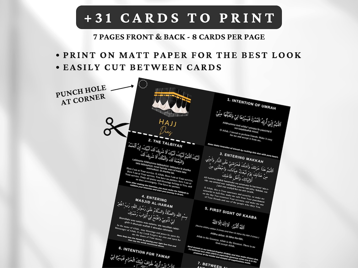 Hajj Dua Cards, Black Hajj Duas Printable Cards, Hajj Dua Flashcards ...