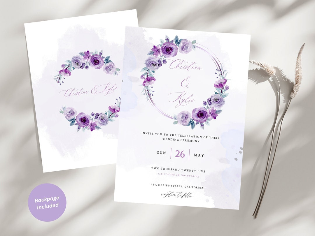 Purple Wedding Invitation Template, Lavender Floral Wedding Invitation ...