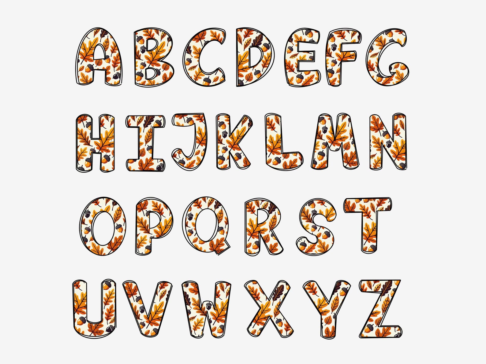 Autumn Leaf Alphabet Doodles, Instant Download PNG Files ...