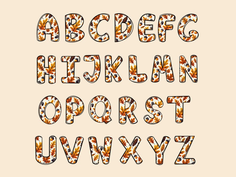 Autumn Leaf Alphabet Doodles, Instant Download PNG Files ...