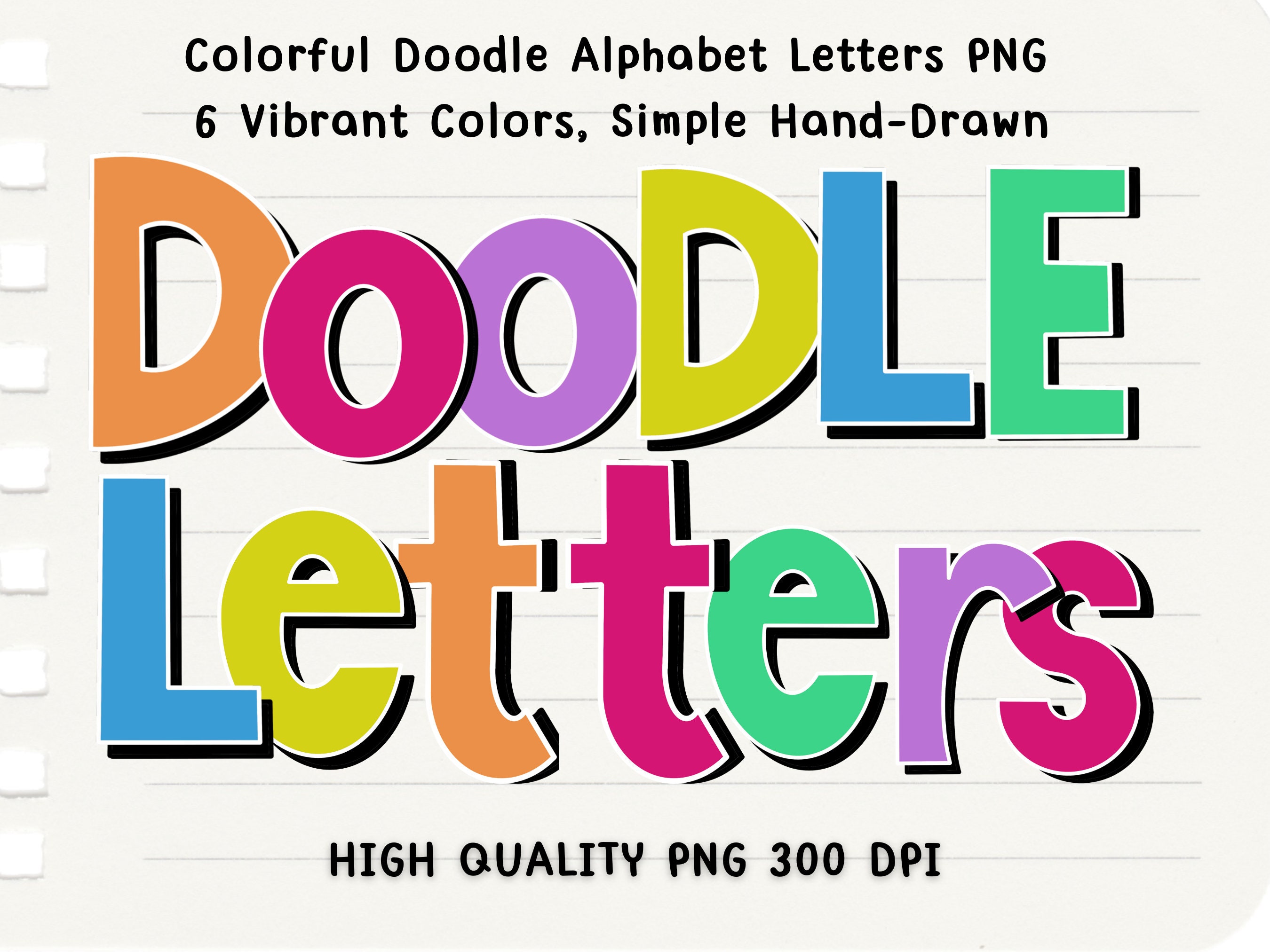 Colorful Doodle Alphabet Letters PNG Digital Download, 6 Vibrant Colors ...