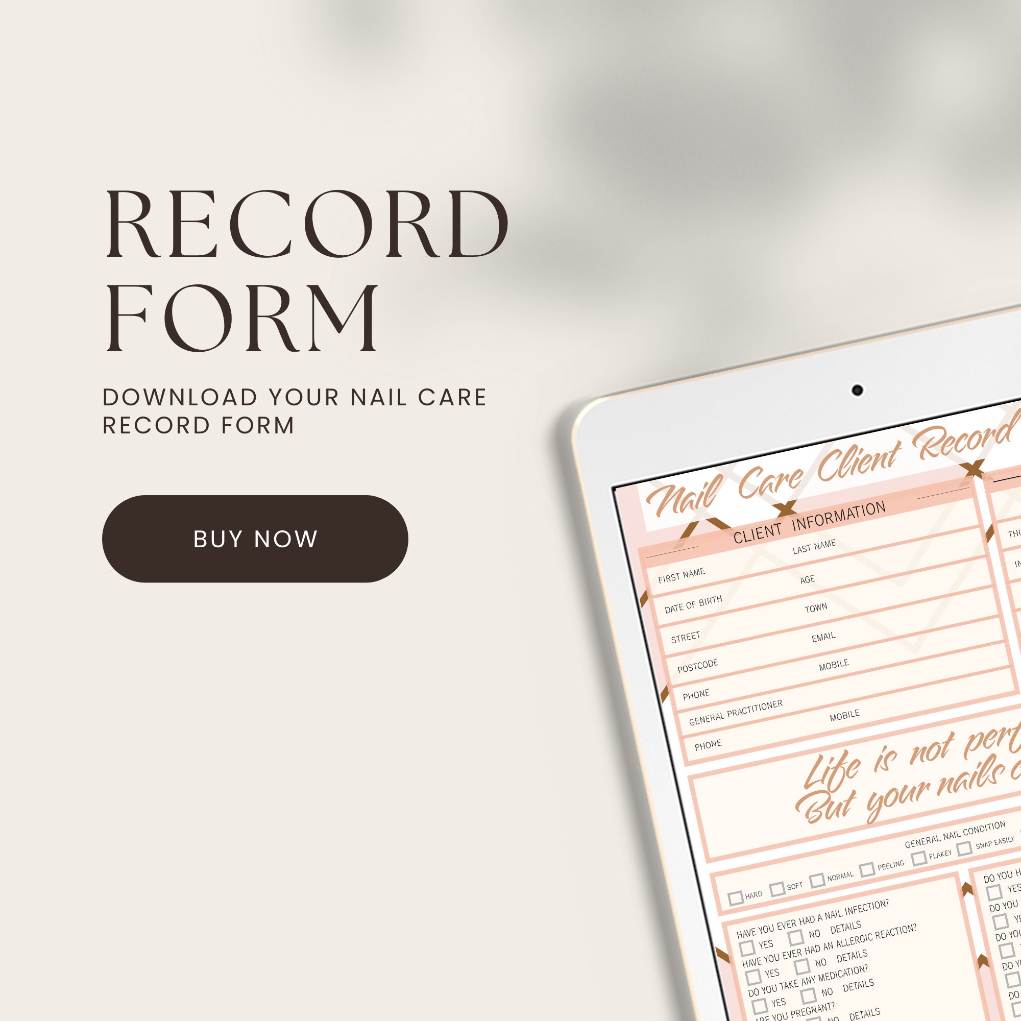 Nail Care Record Form, Nail Tech Client Profile & Nail Art Template ...