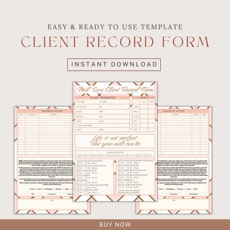 Nail Care Record Form, Nail Tech Client Profile & Nail Art Template ...