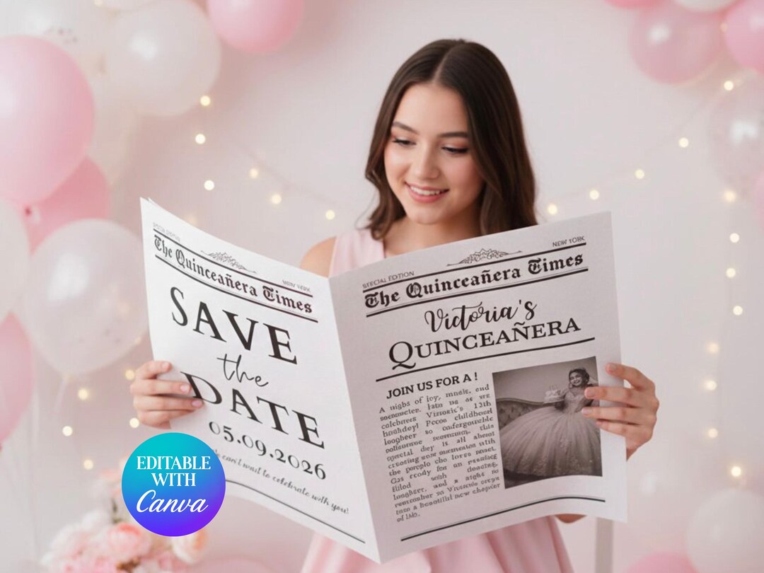 Quinceañera Save the Date Newspaper | Editable Canva Template | Quince ...