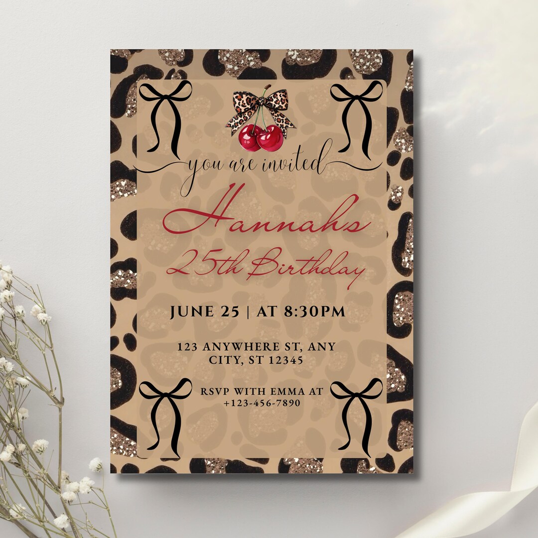 Editable Cheetah Cherries Birthday Invitation | Coquette Leopard Bow ...