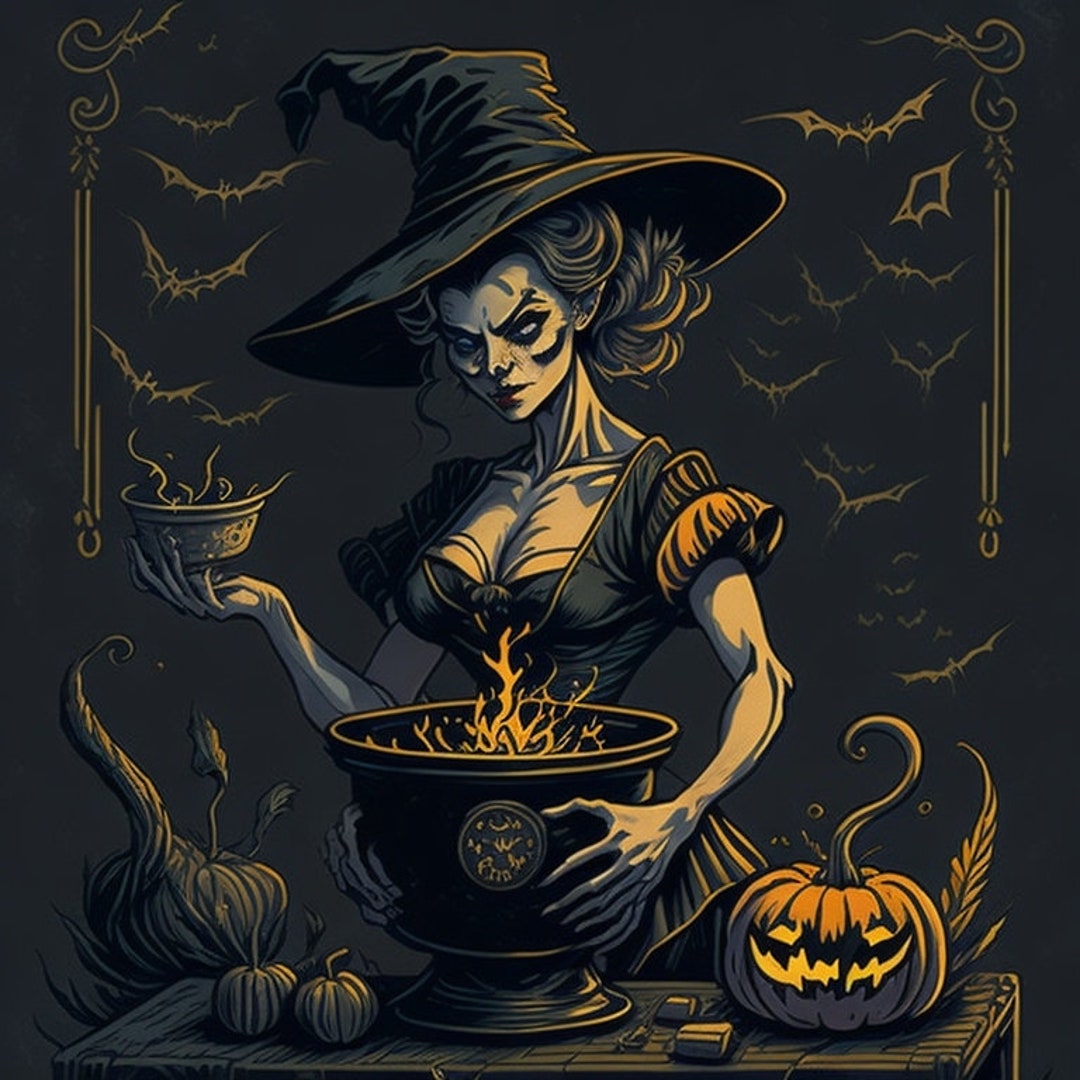 Halloween Poster Featuring a Classic Witch Stirring a Cauldron - Etsy