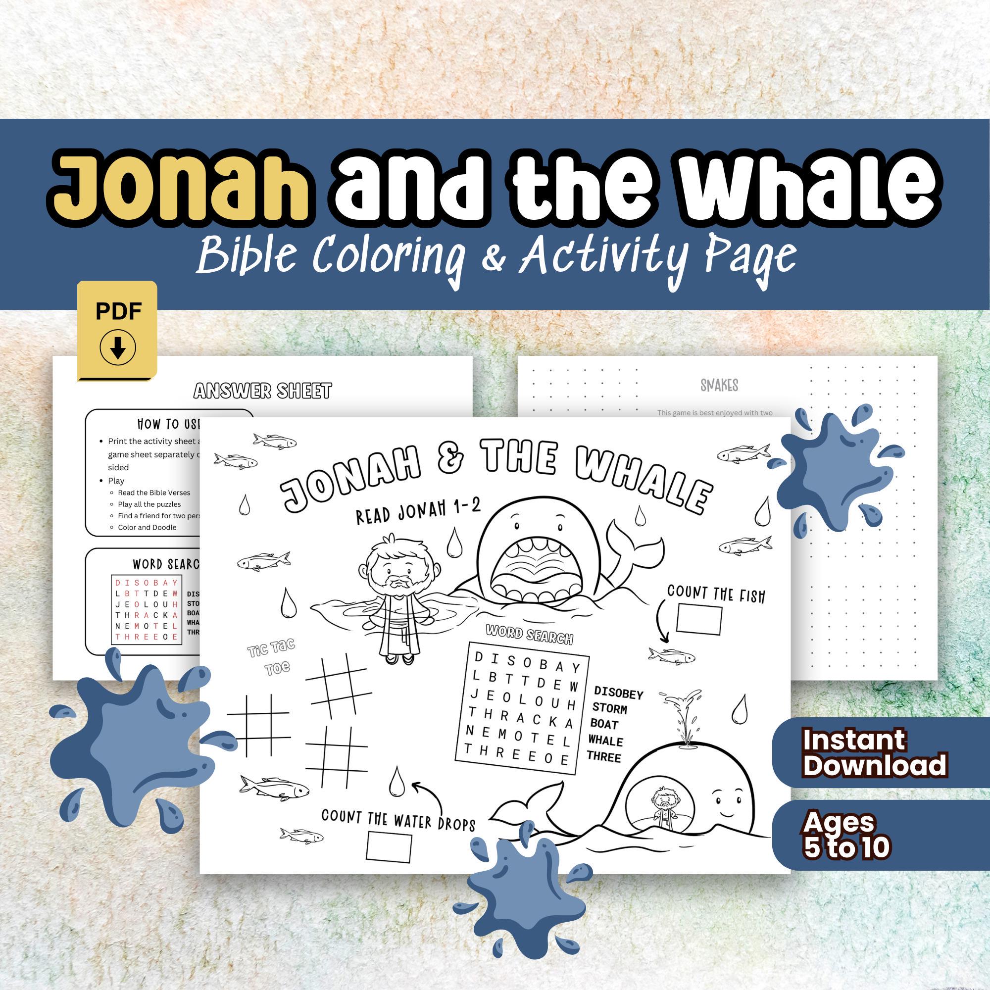 Bible Activity Page Coloring Printable Jonah Whale Story Sunday School ...