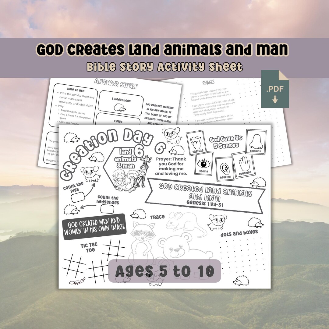 God Created Man Placemat Activity Sheet Creation Day 6 Create Land ...