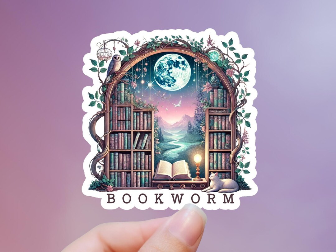 Bookworm Bookshelf and Cat Sticker - Etsy